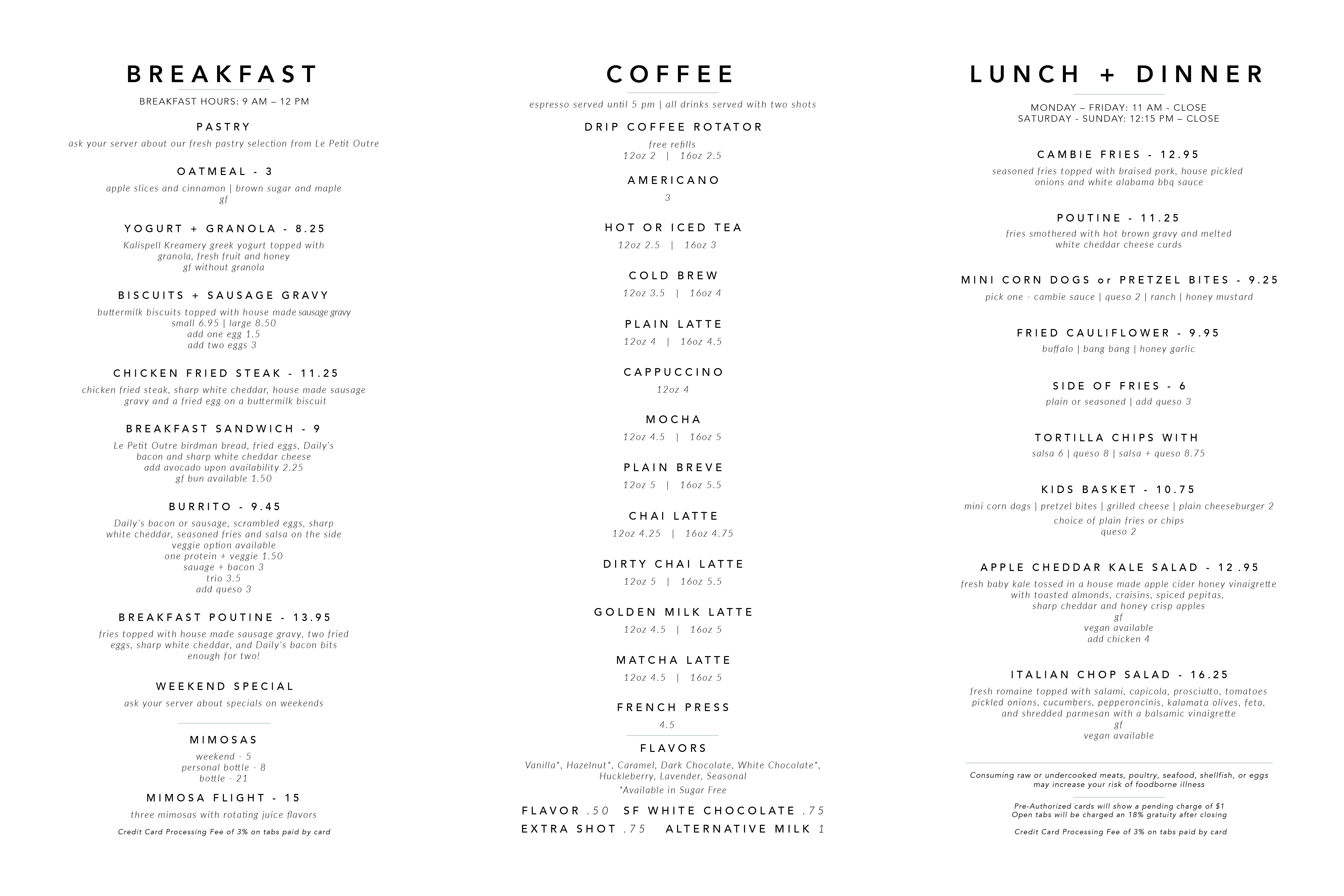 Cambie Taphouse + Coffee - Food Menu