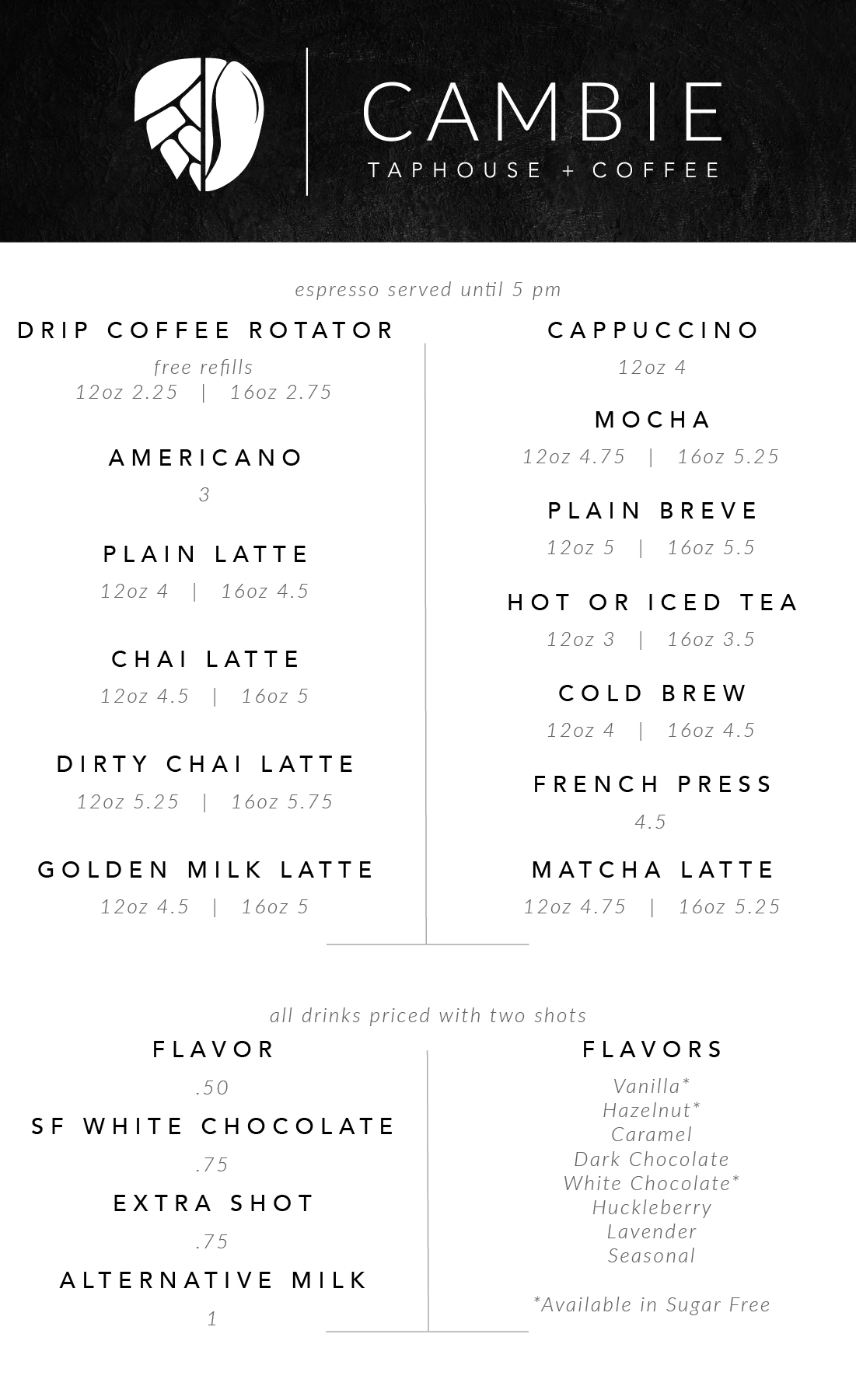 Cambie Taphouse + Coffee - Coffee Menu