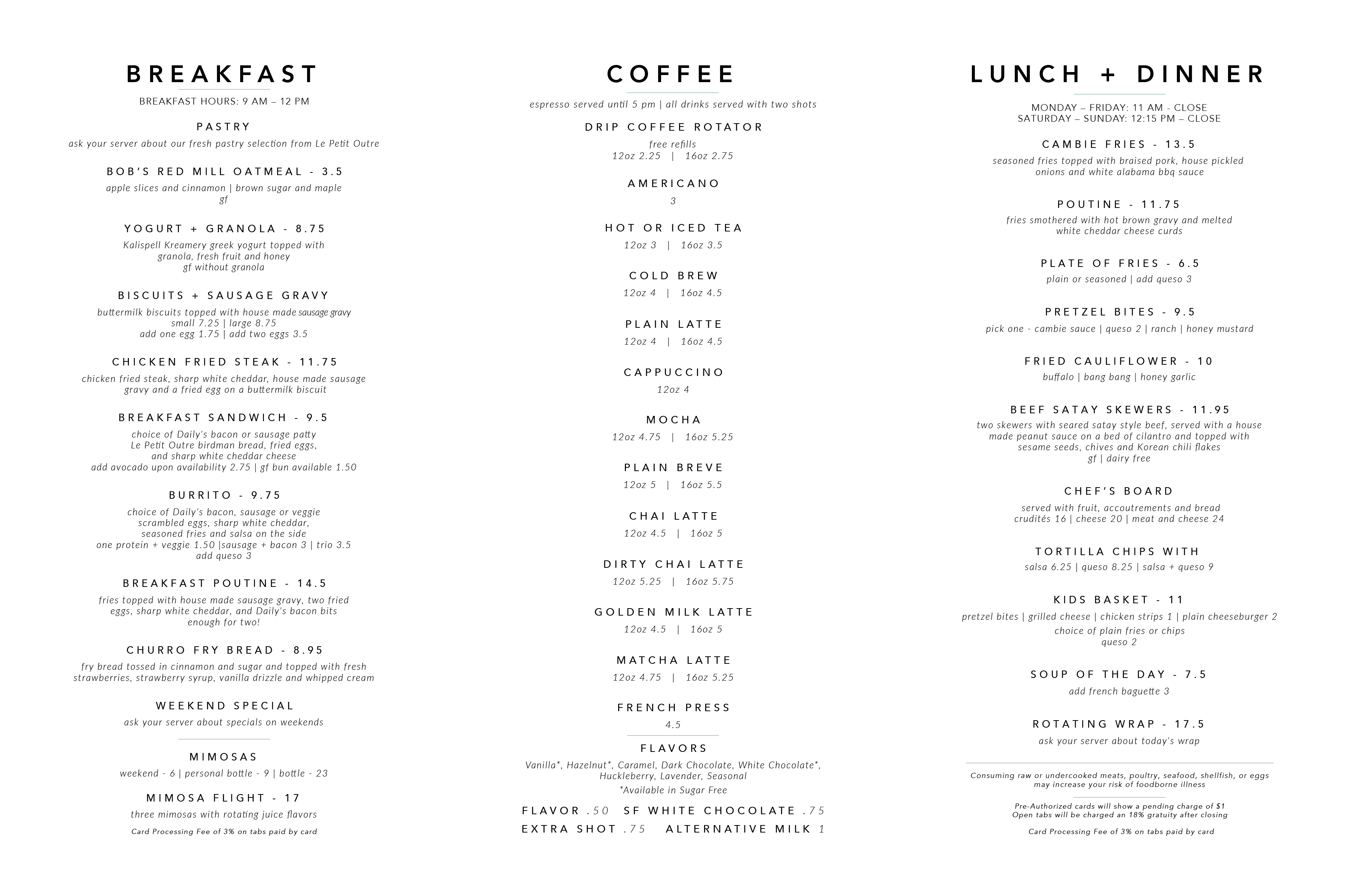 Cambie Taphouse + Coffee - Food Menu