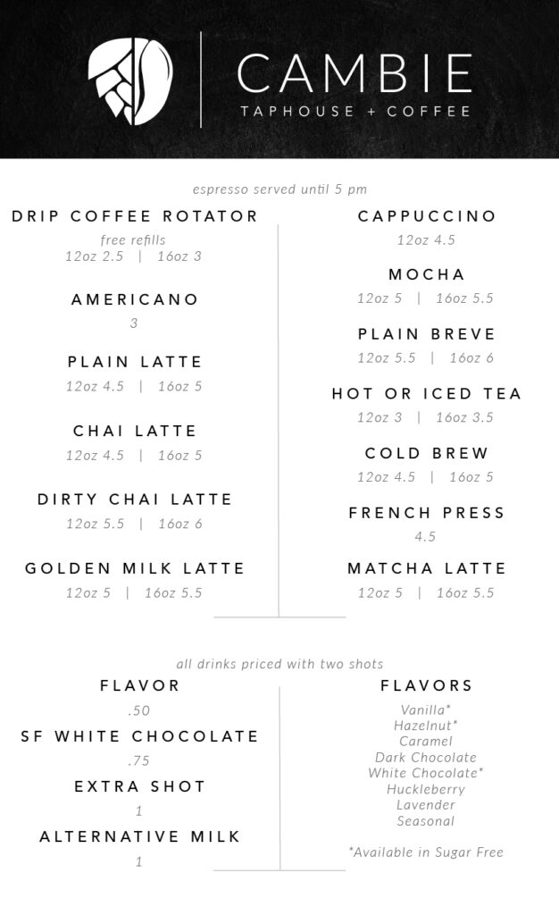 Cambie Taphouse + Coffee - Coffee Menu